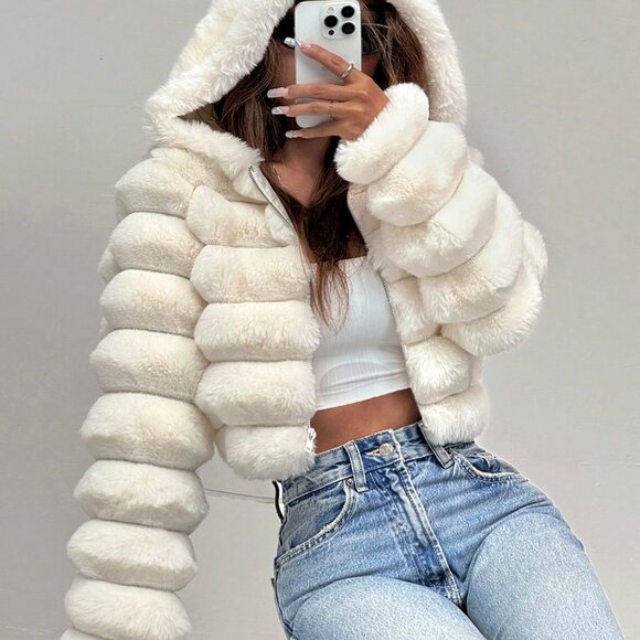 Jackets & Coats | Casual Womens Fluffy Faux Fur Hooded Cropped Jacket ...